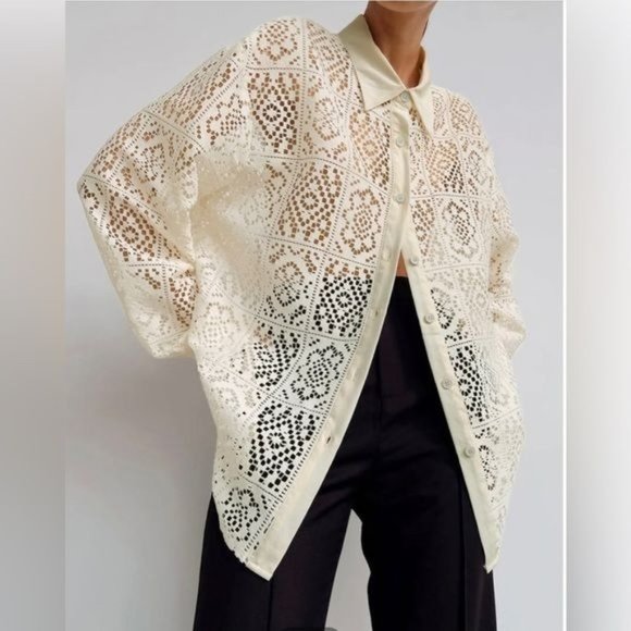 Commense | Tops | Commense Cream Lace Pattern Eyelet Button Up Shirt ...